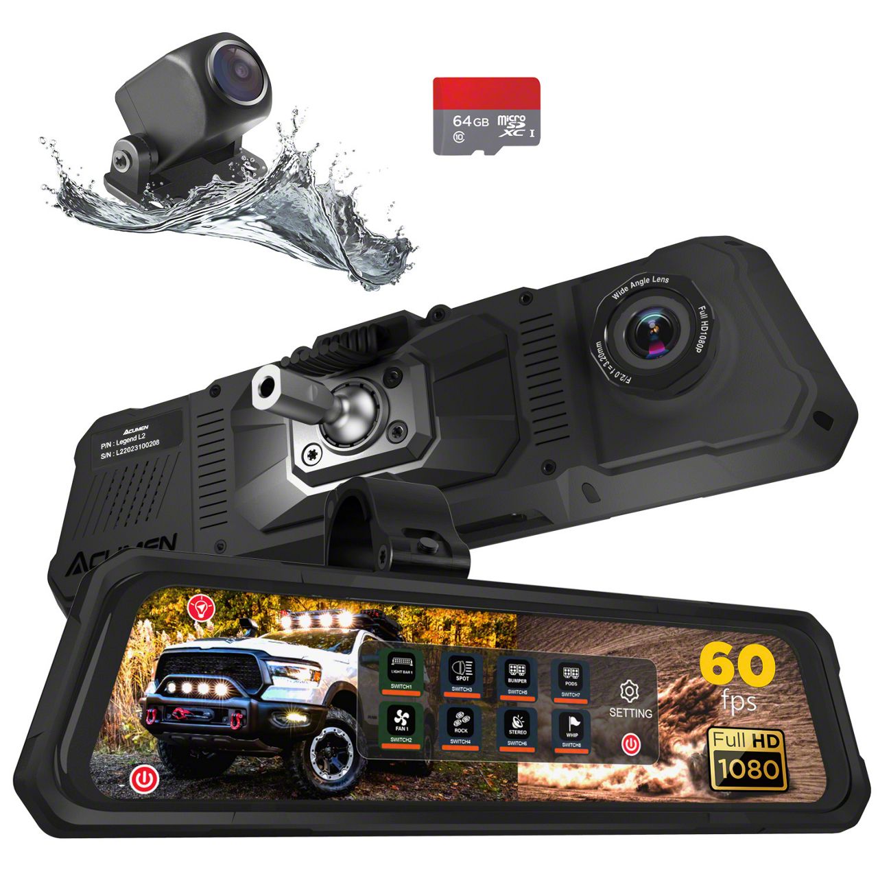 Acumen F-250 Super Duty The Legend Mirror Dash Cam with 3 Cameras and 8 ...