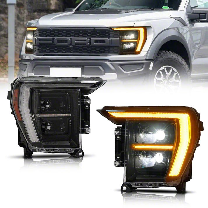 JC April F-150 Full LED Headlights with Amber DRL; Black Housing; Clear ...