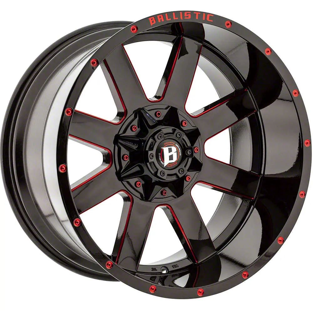 Ballistic RAM 1500 Rage Gloss Black with Red Milled Windows 5-Lug Wheel ...