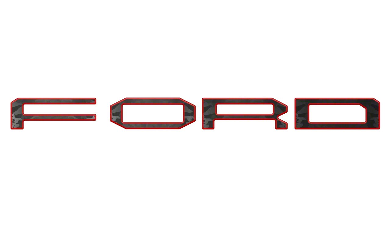 F-150 Front Grille Letter Overlays; Reflective Black Topo with Red (24 ...