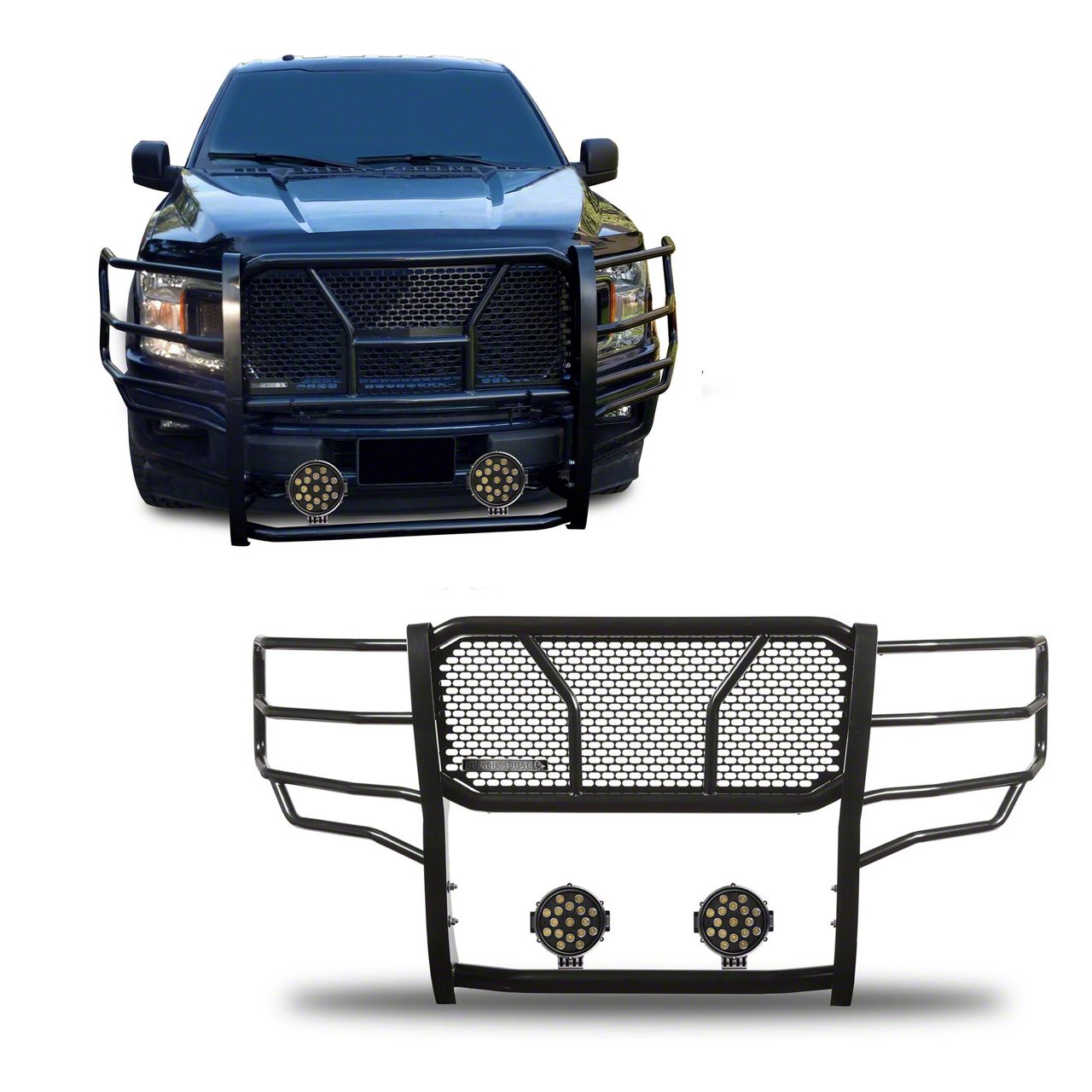 F-150 Rugged Heavy Duty Grille Guard with 7-Inch Black Round Flood LED ...