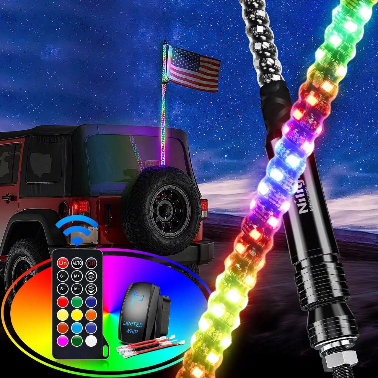Nilight RAM 1500 Spiral Antenna RGB LED Whip Lights; 5-Foot TL-53 (Universal; Some Adaptation ...