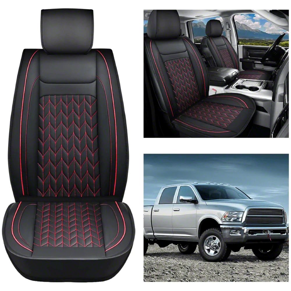 RAM 1500 Waterproof Leather Front Seat Covers; Black and Red (09-25 RAM ...