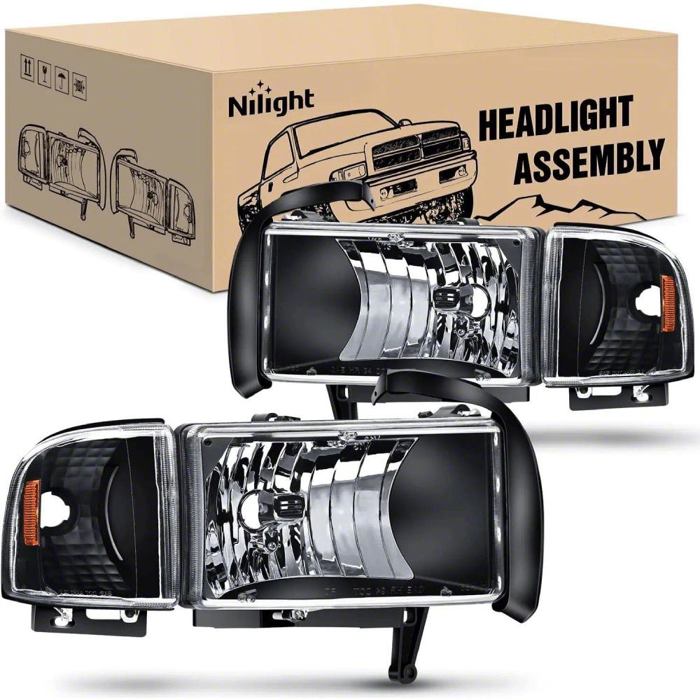 Nilight RAM 3500 OE Style Headlights with Amber Reflector; Black Housing; Clear Lens NA202 (94 ...