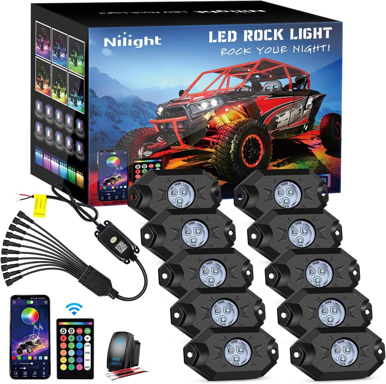Nilight RAM 3500 RGB LED Rock Lights; Set of 10 RL12F (Universal; Some ...