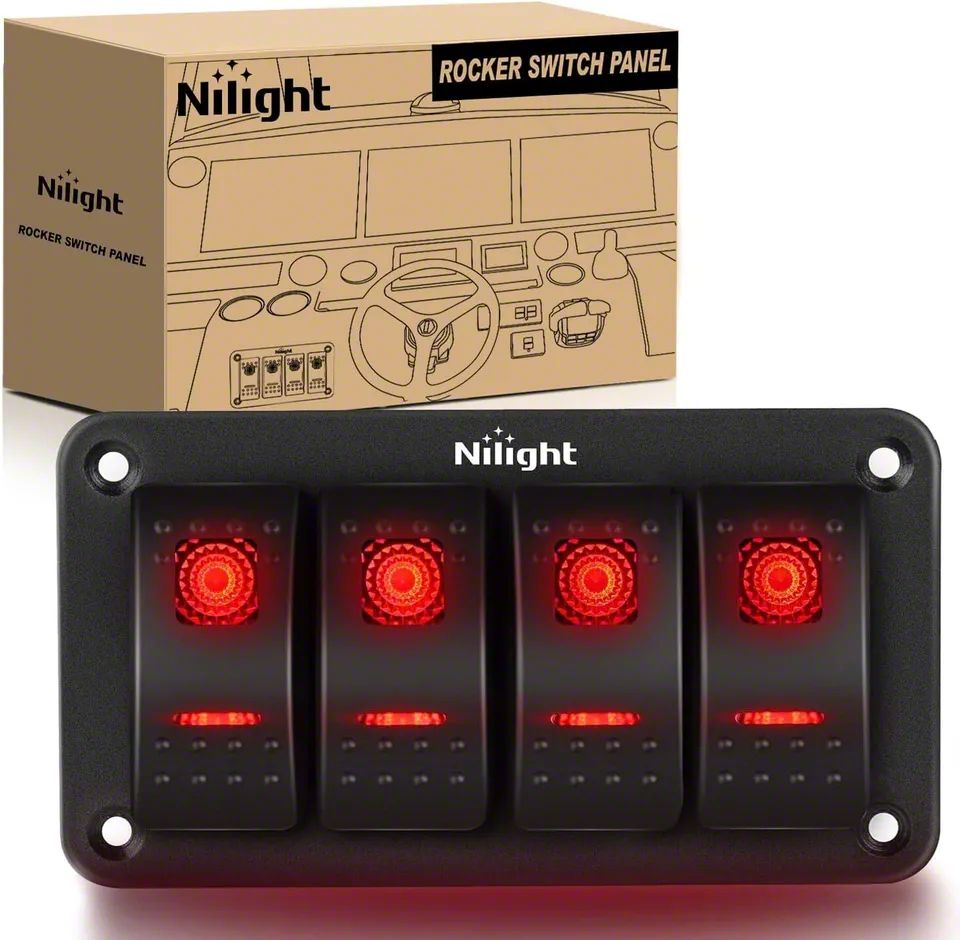 Ranger 4-Gang Aluminum Rocker Switch Panel with Rocker Switches; Red ...