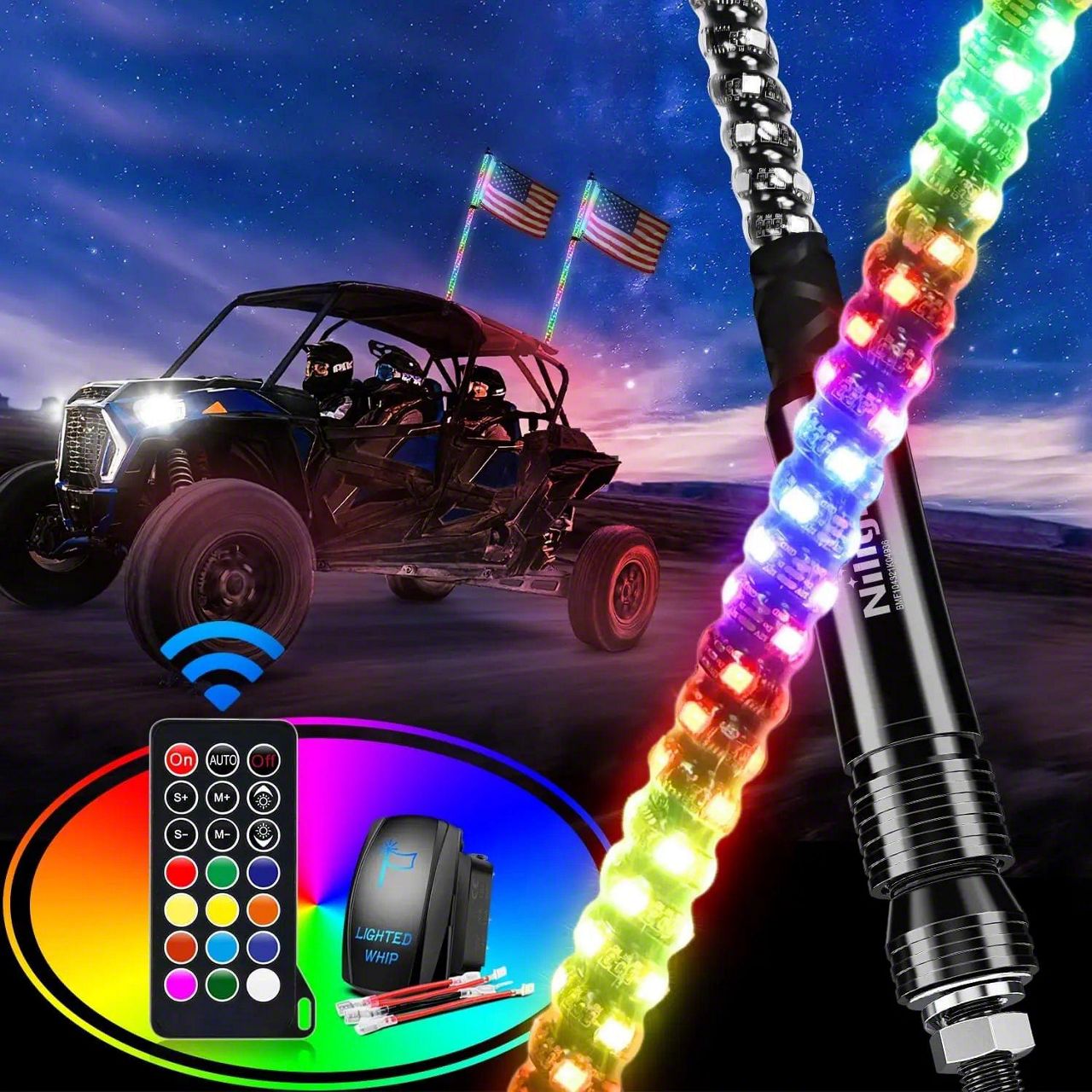 Nilight Silverado 2500 Spiral Antenna RGB LED Whip Lights; 2-Foot Whip ...