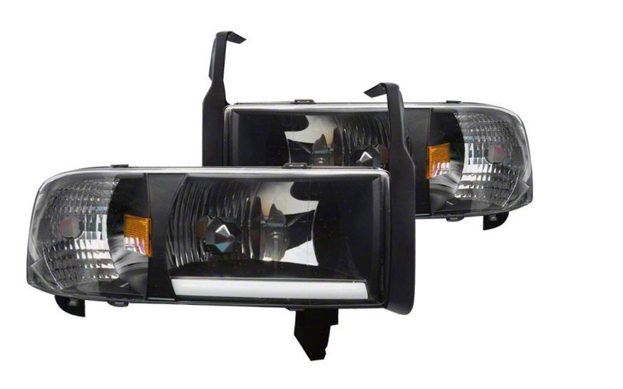 RAM 1500 Light Bar DRL LED Headlights; Black Housing; Clear Lens (94-01 ...