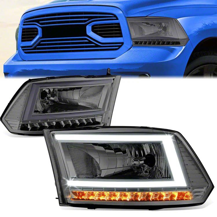 RAM 3500 C-Shaped LED DRL Sequential Headlights with Clear Corners; Chrome Housing; Smoked Lens ...