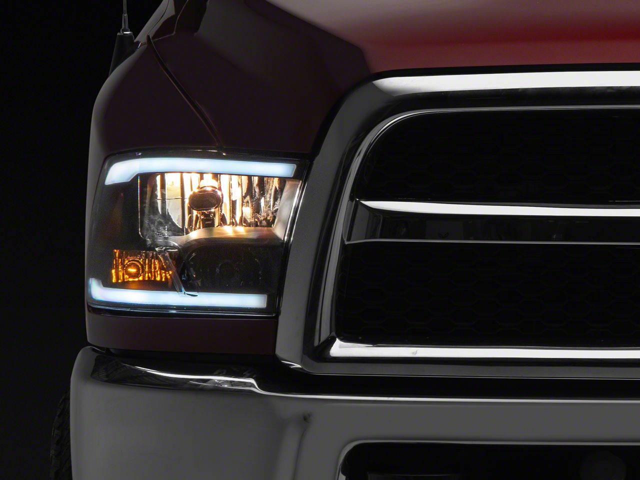 RAM 3500 LED Strip Factory Style Headlights; Matte Black Housing; Clear ...