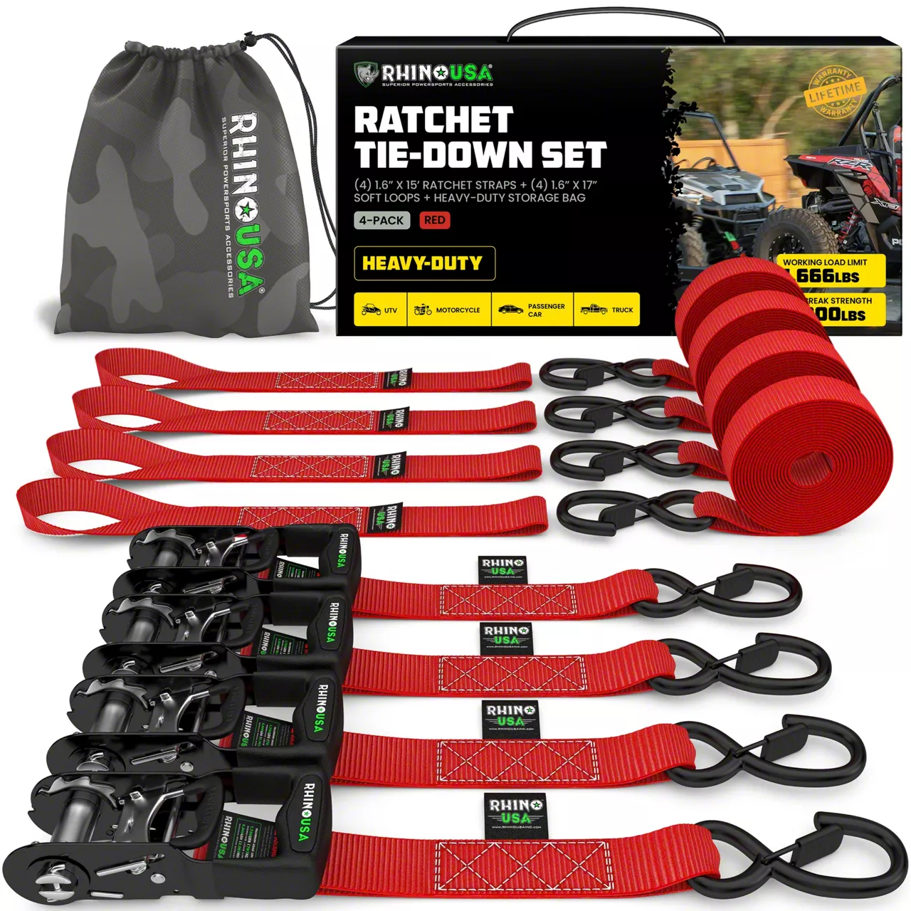 Rhino USA F-150 1.60-Inch x 15-Foot Heavy Duty Ratchet Tie-Down Kit; 4 ...