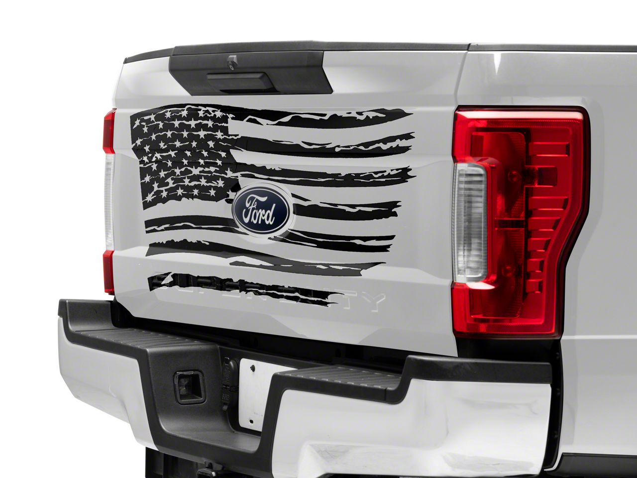 SEC10 F-250 Super Duty Tailgate Flag Distressed Wave Decal; Gloss Black ...