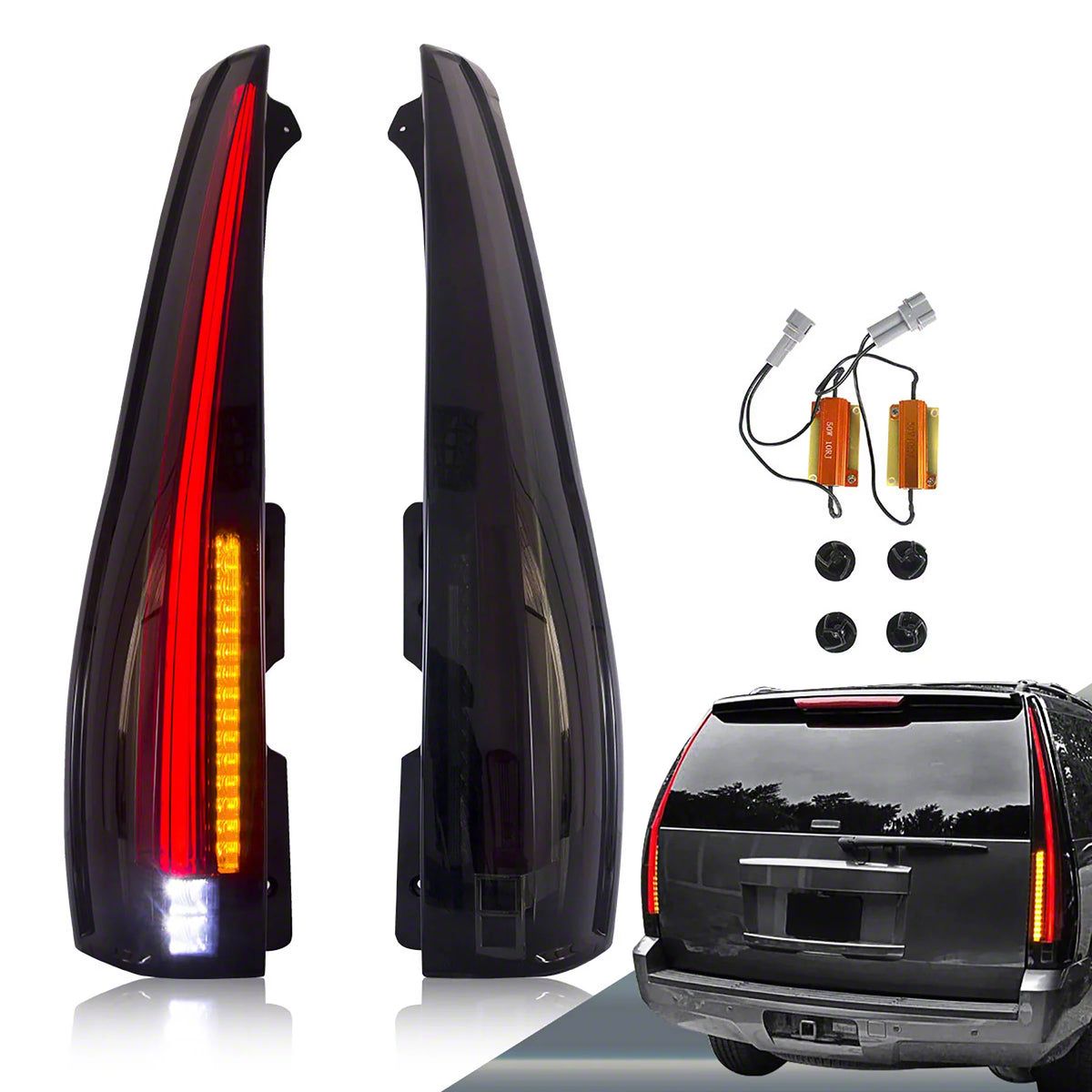 Tahoe LED Tail Lights with Amber Turn Signal; Black Housing; Smoked ...