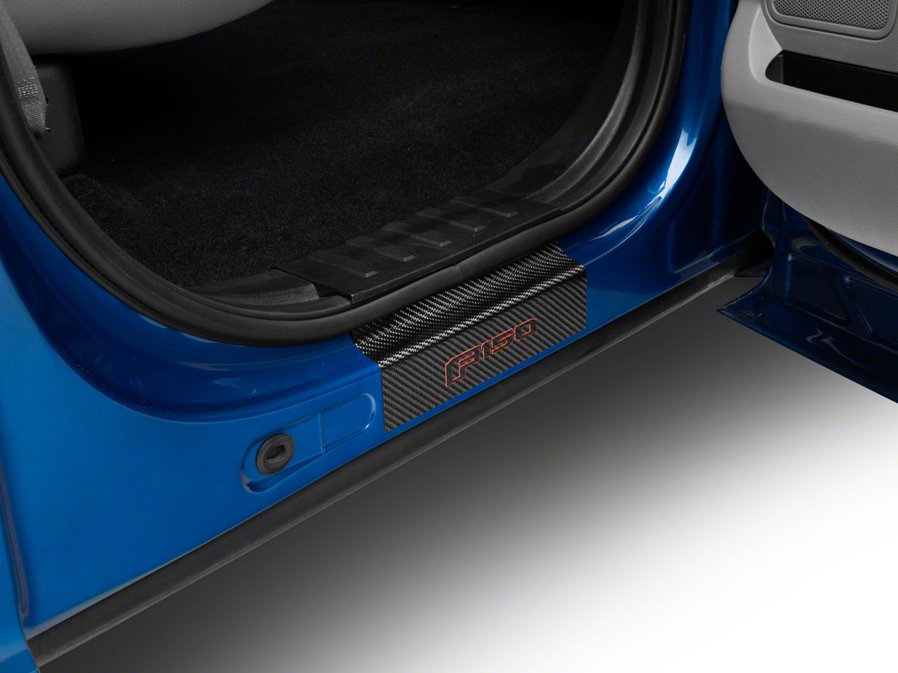 F-150 Rear Door Sill Protection with F-150 Logo; Raw Carbon Fiber ...