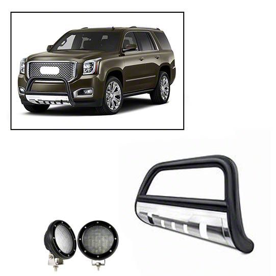 Yukon Savannah Bull Bar with 5.30-Inch Black Round Flood LED Lights ...