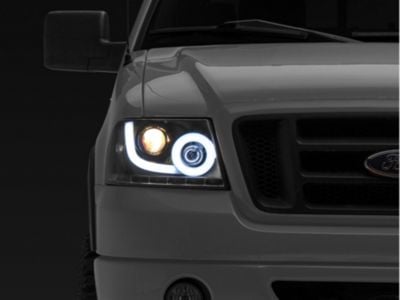 Raxiom F-150 Axial Series Halo Headlights with LED Bar; Black Housing ...
